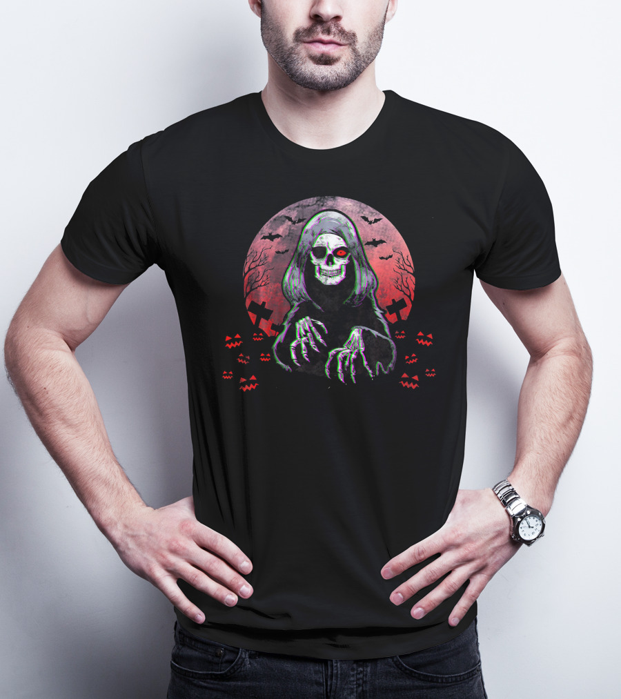 Grim Reaper Angel Of Death Halloween Horror Spooky Night Bats Pumpkins Crosses Skull T-Shirt