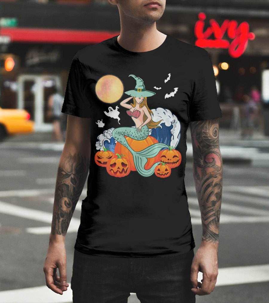 Scary Moon Pumpkin Ghosts Mermaid Witch With Jack-O'-Lanterns And Bats T-Shirt