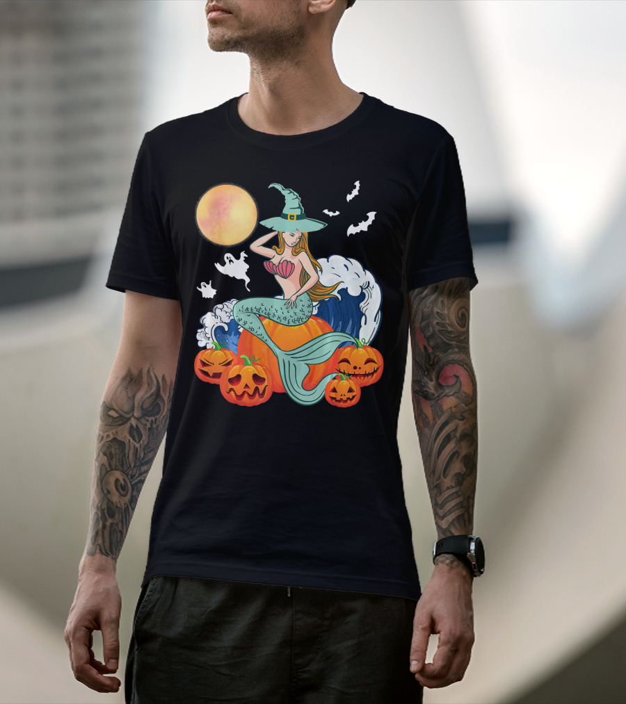 Scary Moon Pumpkin Ghosts Mermaid Witch With Jack-O'-Lanterns And Bats T-Shirt