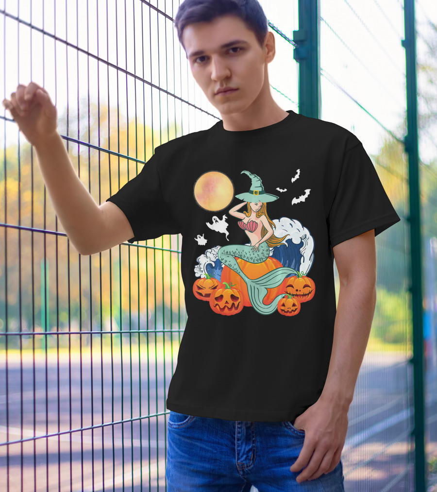 Scary Moon Pumpkin Ghosts Mermaid Witch With Jack-O'-Lanterns And Bats T-Shirt