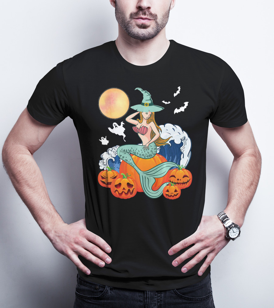 Scary Moon Pumpkin Ghosts Mermaid Witch With Jack-O'-Lanterns And Bats T-Shirt