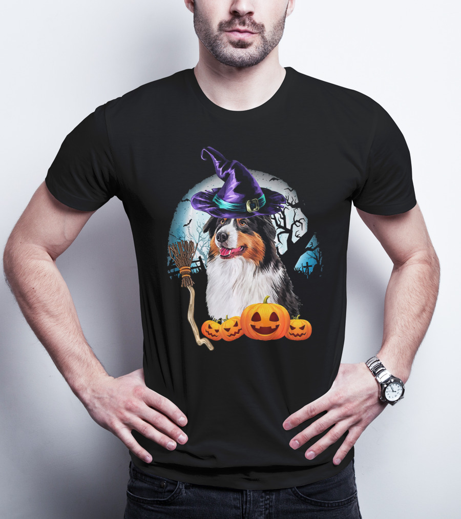 Australian Shepherd Halloween Witch Hat Dog With Pumpkins And Broomstick T-Shirt
