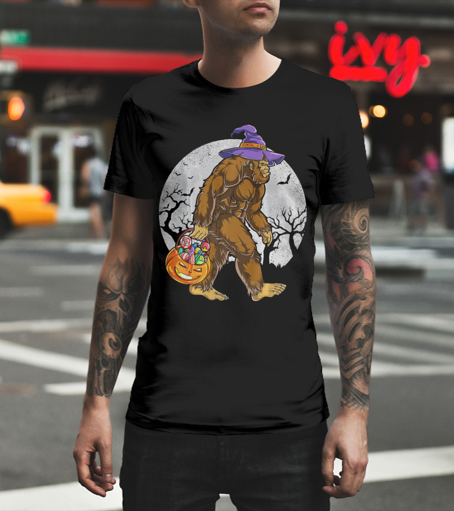 Bigfoot Witch Carrying Pumpkin Candy Basket In Spooky Moonlit Forest T-Shirt