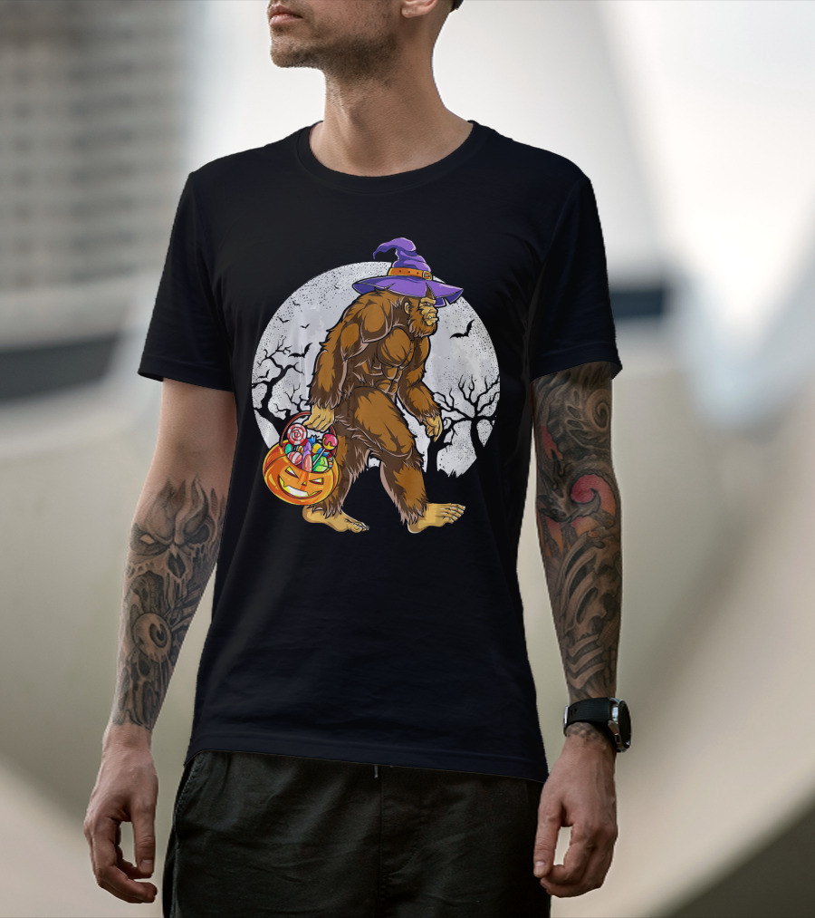 Bigfoot Witch Carrying Pumpkin Candy Basket In Spooky Moonlit Forest T-Shirt