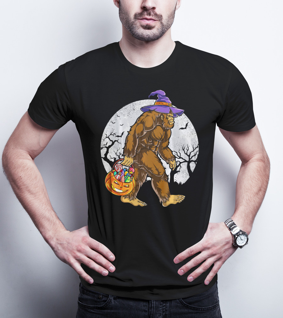 Bigfoot Witch Carrying Pumpkin Candy Basket In Spooky Moonlit Forest T-Shirt