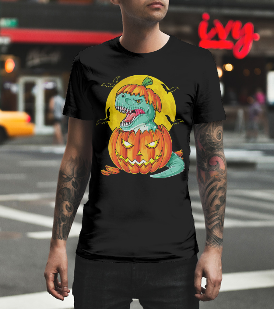 Dinosaur Pumpkin Halloween Moon Bats T-Shirt