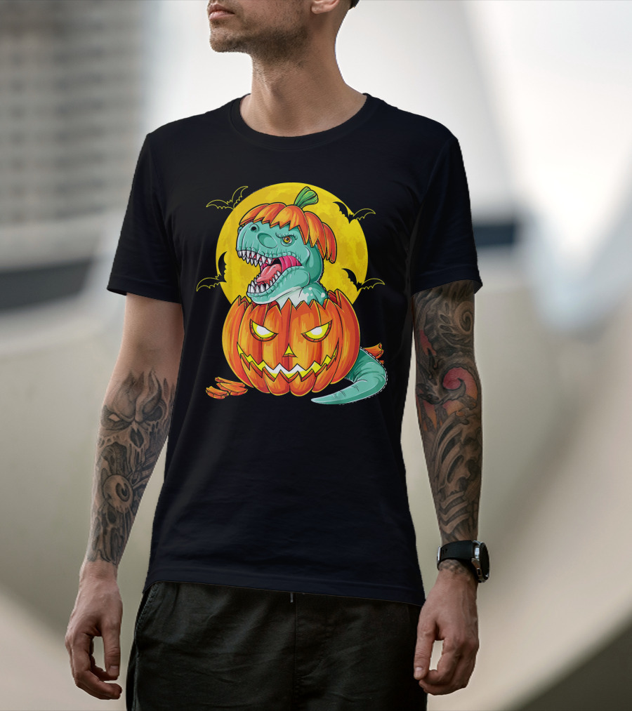 Dinosaur Pumpkin Halloween Moon Bats T-Shirt