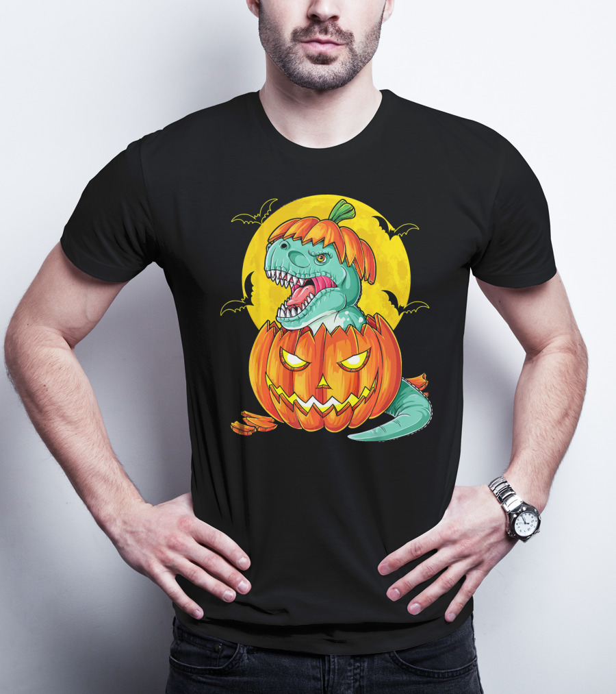 Dinosaur Pumpkin Halloween Moon Bats T-Shirt