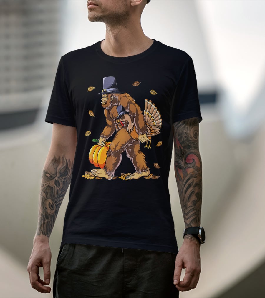 Thanksgiving Bigfoot Pilgrim Turkey Pumpkin Autumn Leaves T-Shirt
