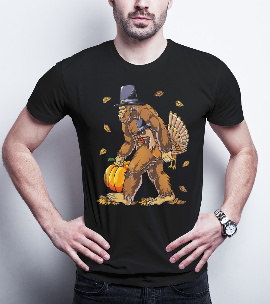 Thanksgiving Bigfoot Pilgrim Turkey Pumpkin Autumn Leaves T-Shirt