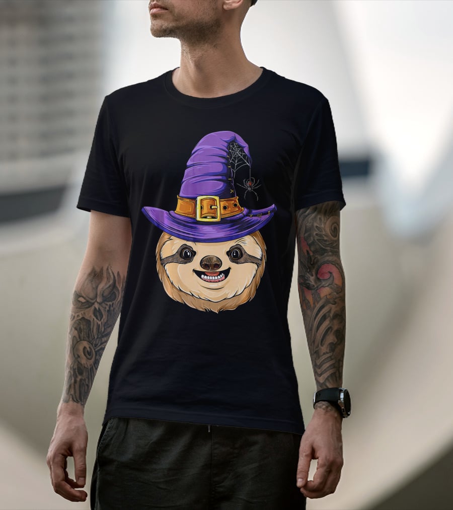 Sloth Witch Halloween Purple Hat Spider T-Shirt