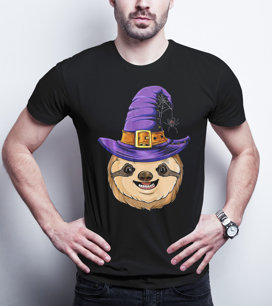 Sloth Witch Halloween Purple Hat Spider T-Shirt