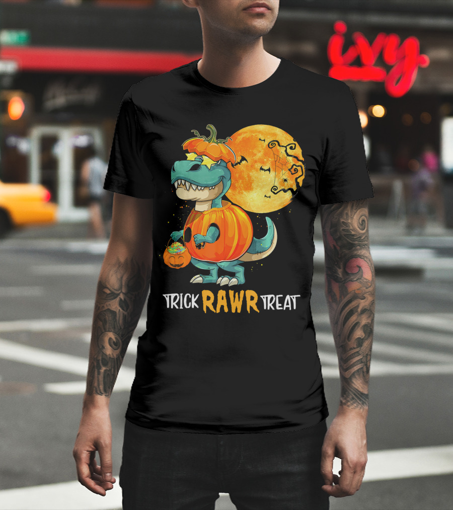 Trick RAWR Treat Rex Dinosaur Halloween Pumpkin Moon T-Shirt