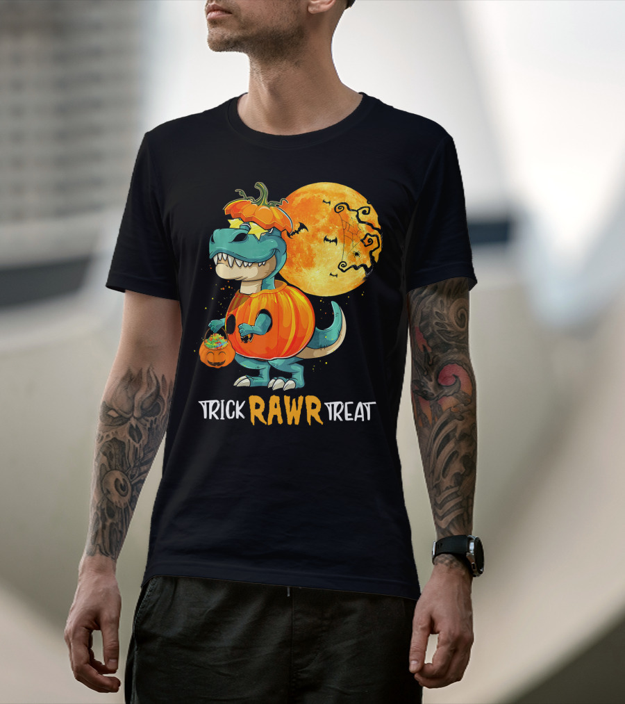 Trick RAWR Treat Rex Dinosaur Halloween Pumpkin Moon T-Shirt