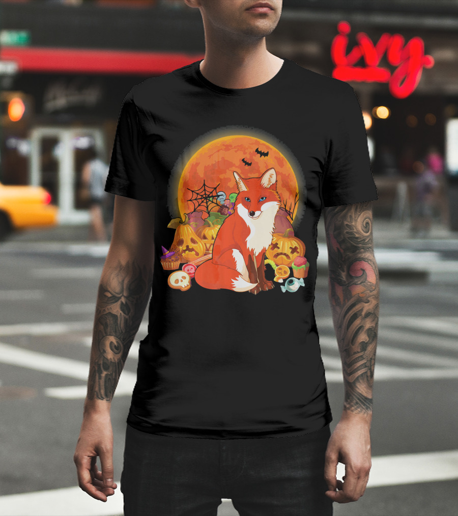 Funny Fox Halloween Full Moon Pumpkin Candy Scene T-Shirt