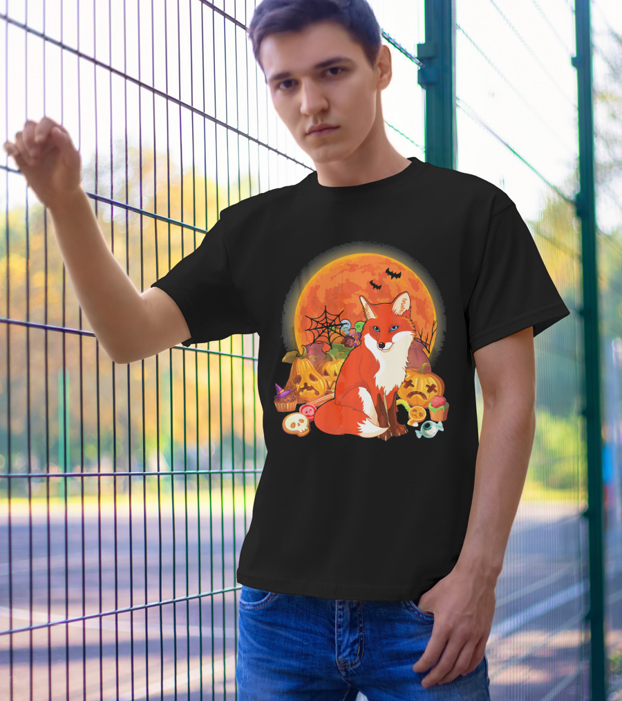 Funny Fox Halloween Full Moon Pumpkin Candy Scene T-Shirt