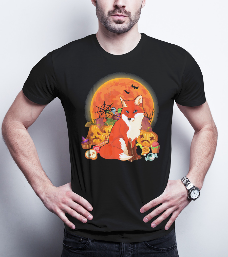 Funny Fox Halloween Full Moon Pumpkin Candy Scene T-Shirt
