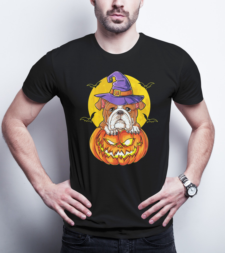 English Bulldog Halloween Witch Pumpkin Moon T-Shirt