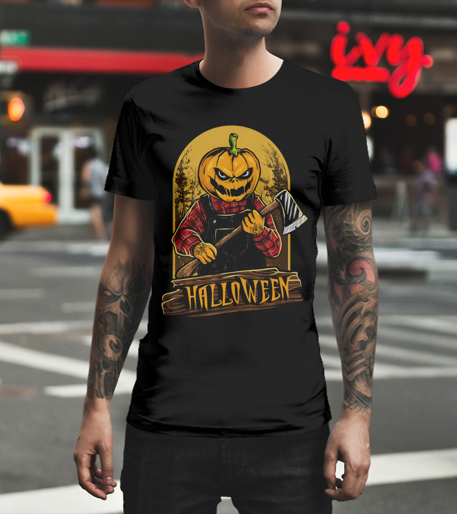 Halloween Horror Pumpkin Creepy Axe T-Shirt