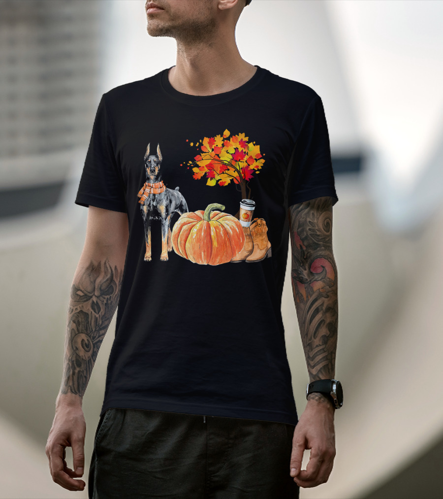 Doberman Pinscher Scarf Pumpkin Spice Autumn Boots Cozy Fall Leaves T-Shirt