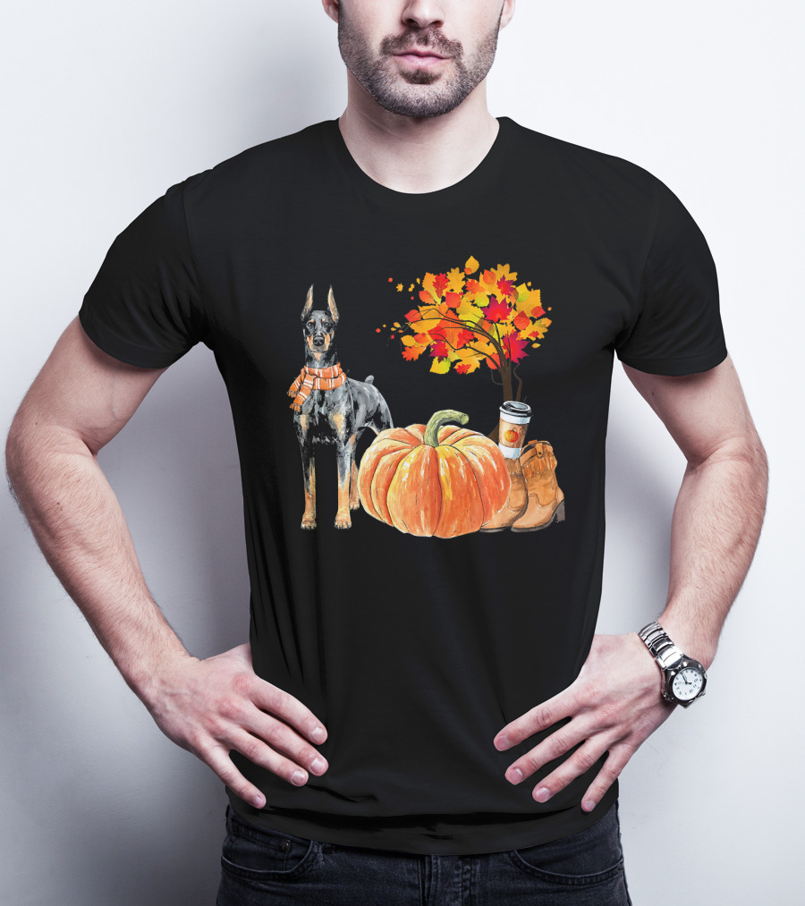 Doberman Pinscher Scarf Pumpkin Spice Autumn Boots Cozy Fall Leaves T-Shirt