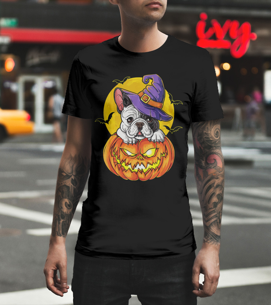 Halloween French Bulldog Witch In Pumpkin With Full Moon And Bats T-Shirt