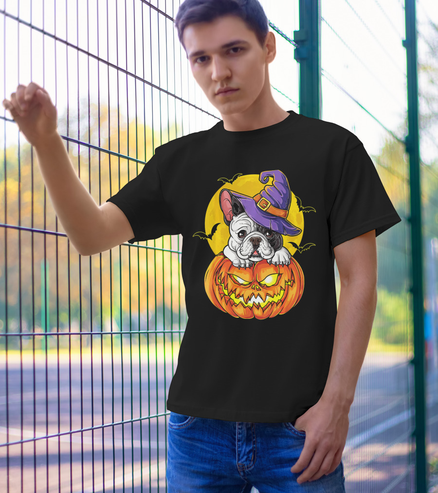 Halloween French Bulldog Witch In Pumpkin With Full Moon And Bats T-Shirt