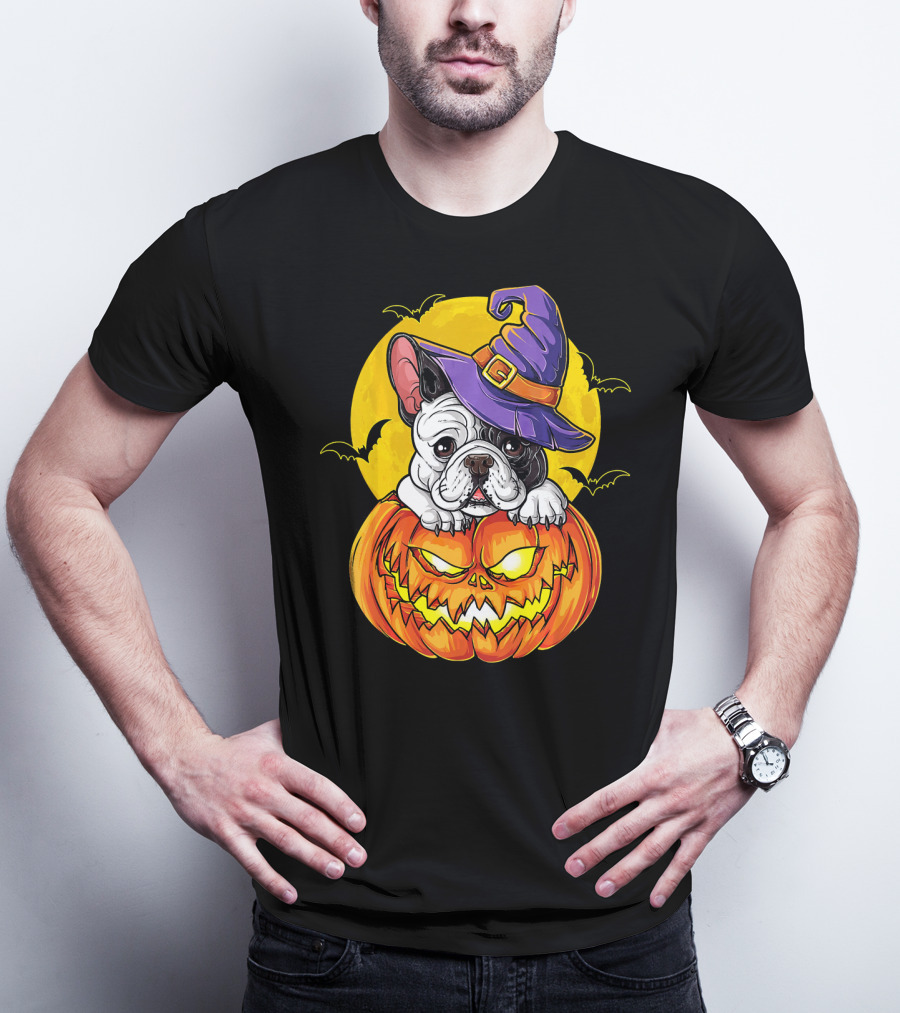Halloween French Bulldog Witch In Pumpkin With Full Moon And Bats T-Shirt