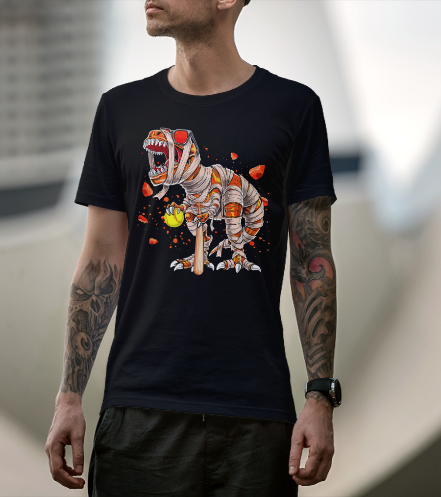 Mummy Dinosaur Playing Softball With Bat And Ball T-Shirt