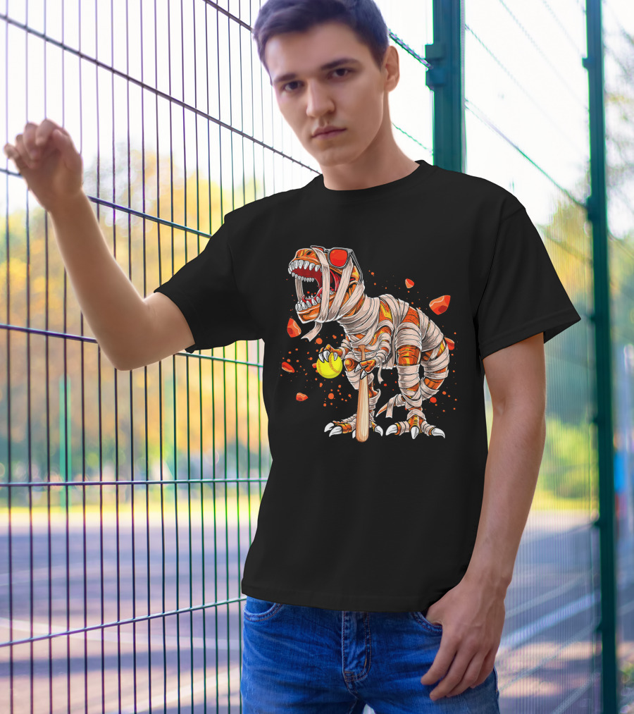 Mummy Dinosaur Playing Softball With Bat And Ball T-Shirt