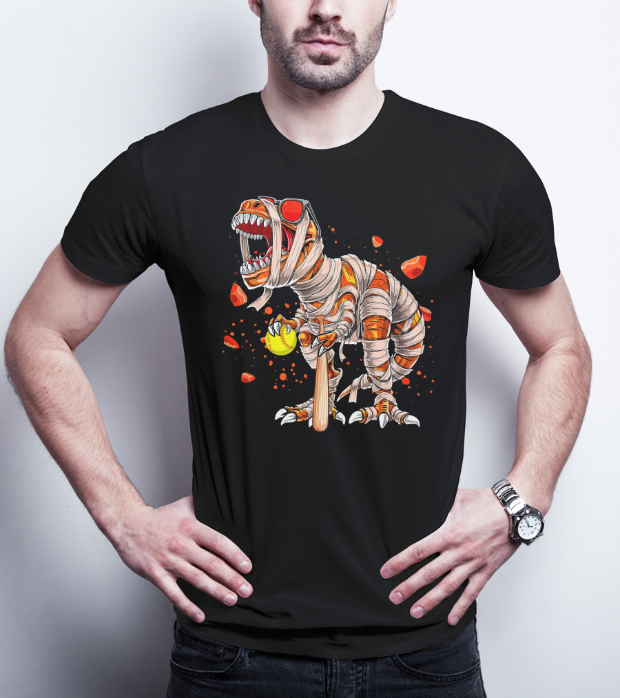 Mummy Dinosaur Playing Softball With Bat And Ball T-Shirt