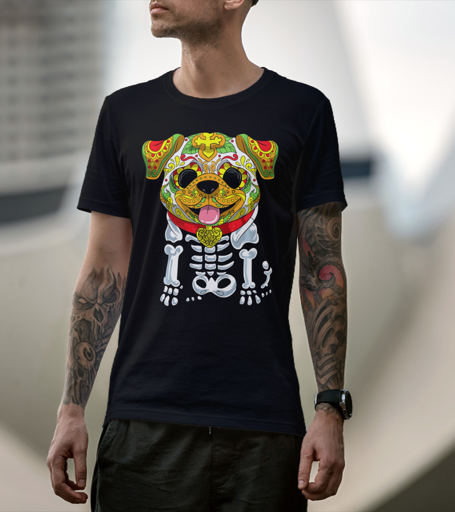 Dia De Los Muertos And Halloween Sugar Skull Dog Skeleton T-Shirt