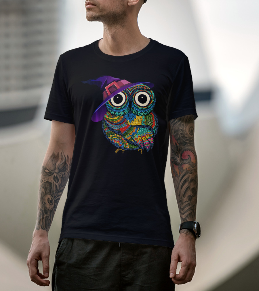 Colorful Owl With Witch Hat In Halloween Costume Fun T-Shirt