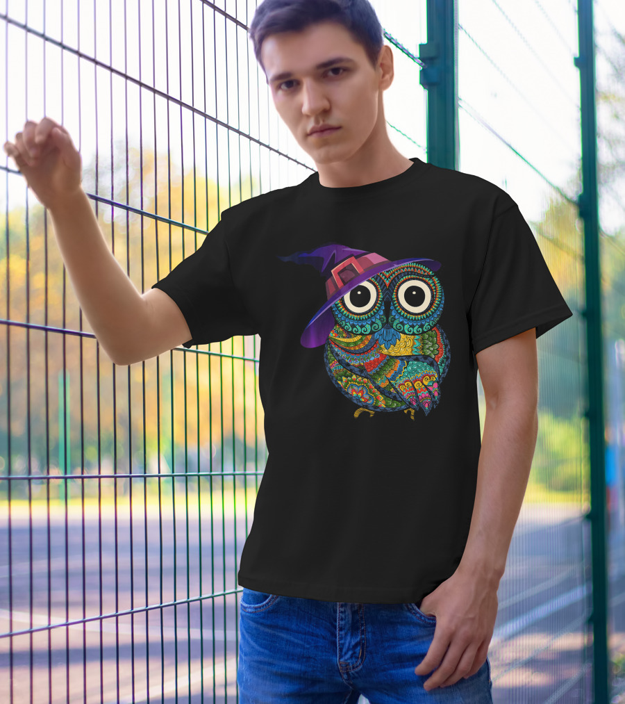 Colorful Owl With Witch Hat In Halloween Costume Fun T-Shirt
