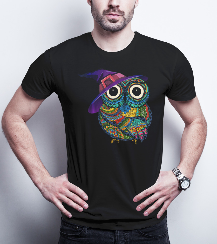 Colorful Owl With Witch Hat In Halloween Costume Fun T-Shirt