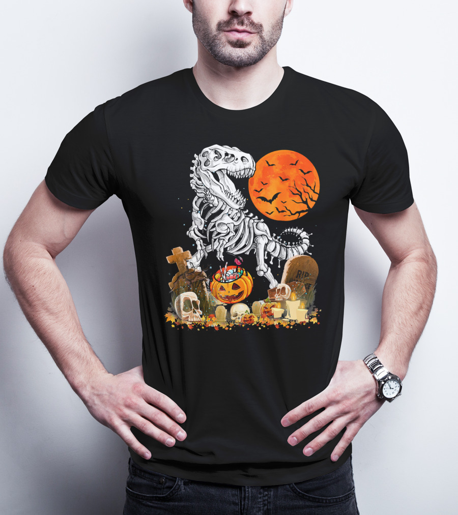 Halloween Dinosaur Rex Skeleton With Pumpkin And Full Moon T-Shirt