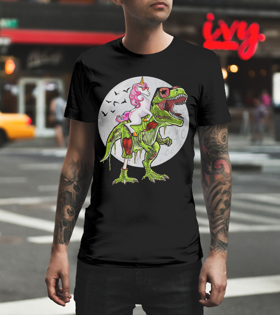 Funny Halloween Unicorn Riding Zombie Dinosaur With Bats And Full Moon T-Shirt