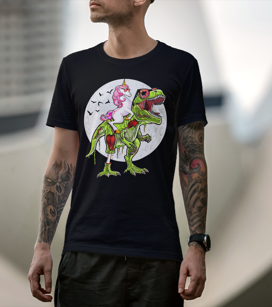 Funny Halloween Unicorn Riding Zombie Dinosaur With Bats And Full Moon T-Shirt
