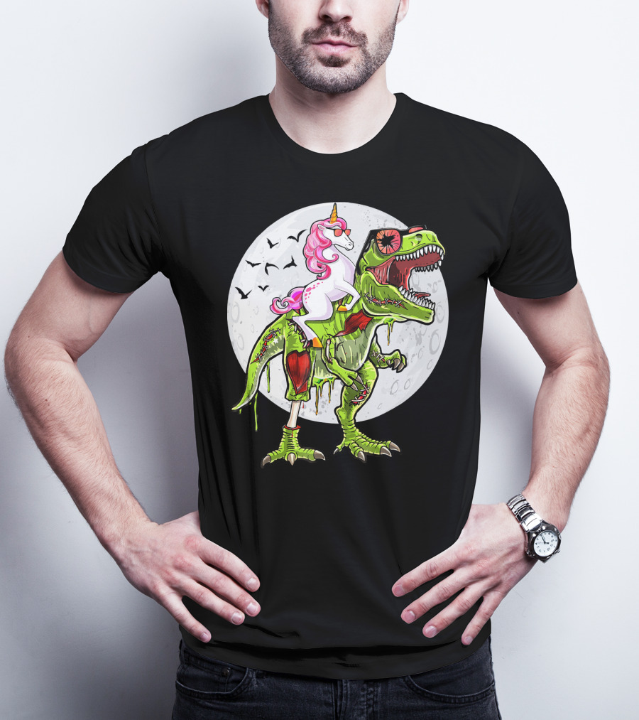 Funny Halloween Unicorn Riding Zombie Dinosaur With Bats And Full Moon T-Shirt