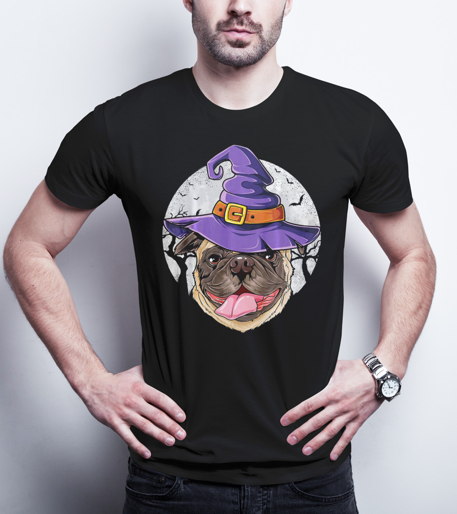 Pug Witch Hat Halloween Moon Bats Forest T-Shirt