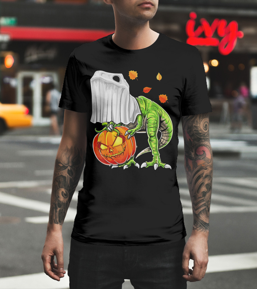 Halloween Dinosaur Ghost Pumpkin Jack Leaves T-Shirt