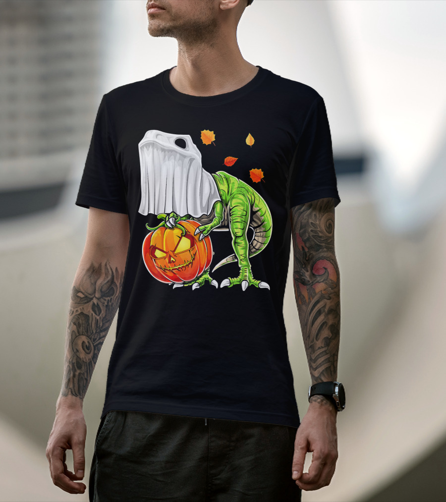 Halloween Dinosaur Ghost Pumpkin Jack Leaves T-Shirt