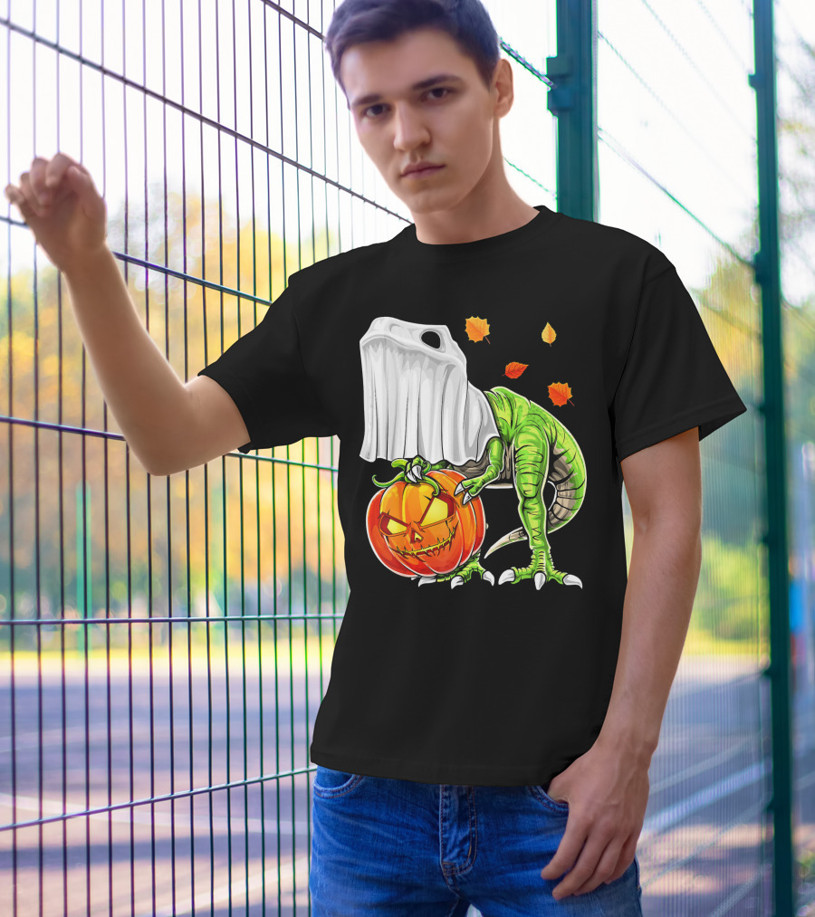 Halloween Dinosaur Ghost Pumpkin Jack Leaves T-Shirt