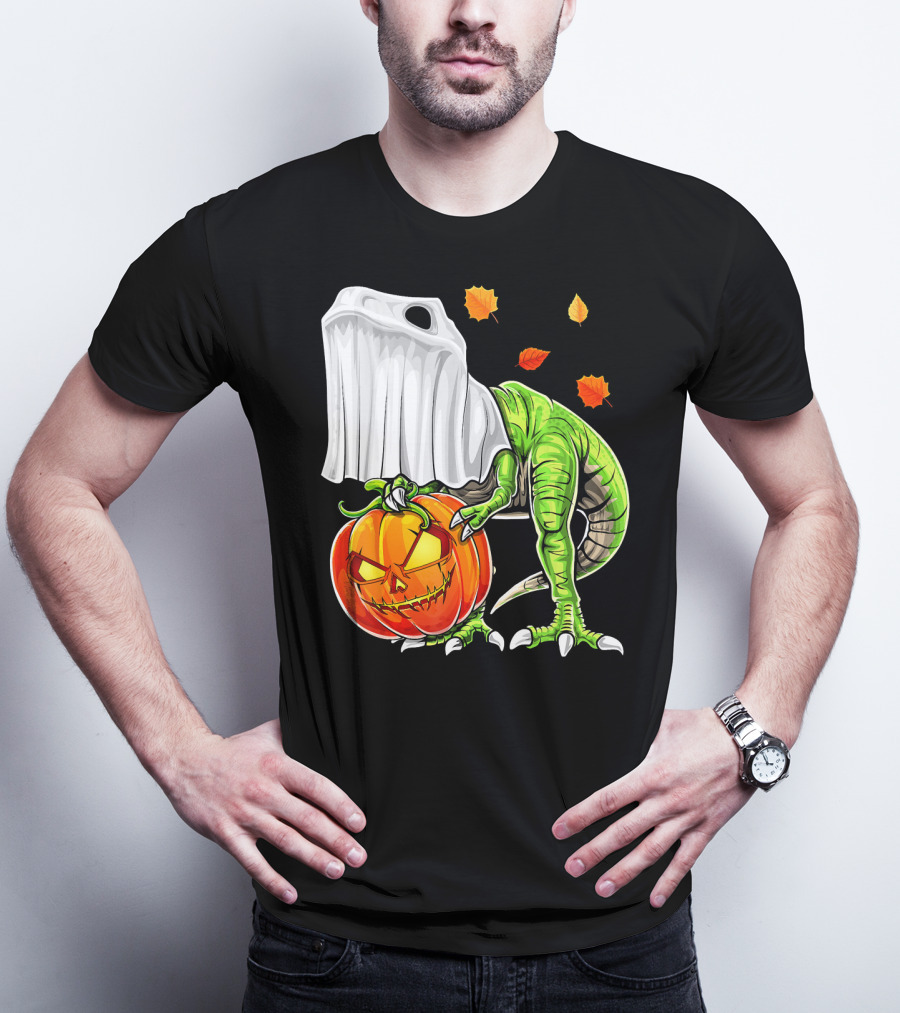Halloween Dinosaur Ghost Pumpkin Jack Leaves T-Shirt