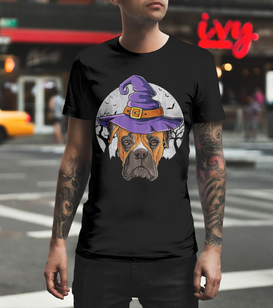 Boxer Dog Wearing Purple Witch Hat Under Full Moon With Bats Halloween T-Shirt