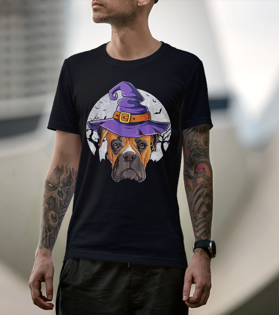 Boxer Dog Wearing Purple Witch Hat Under Full Moon With Bats Halloween T-Shirt