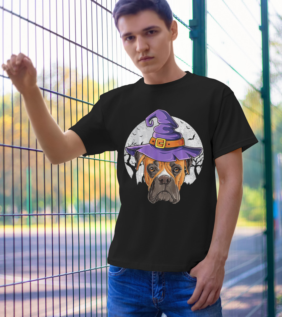 Boxer Dog Wearing Purple Witch Hat Under Full Moon With Bats Halloween T-Shirt