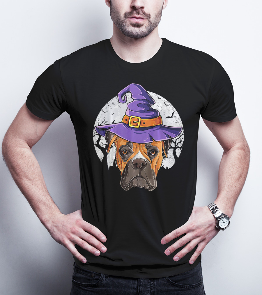 Boxer Dog Wearing Purple Witch Hat Under Full Moon With Bats Halloween T-Shirt