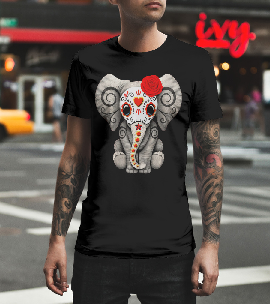 Sugar Skull Elephant With Red Rose Day Of The Dead T-Shirt