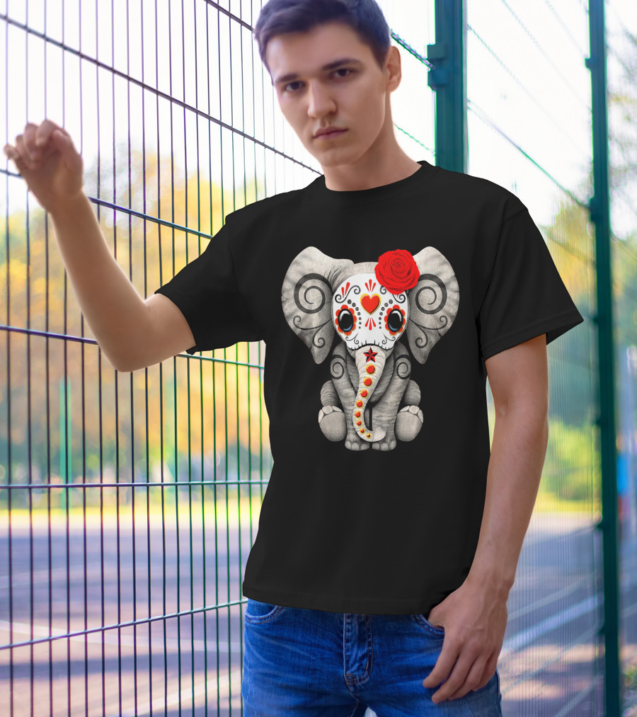 Sugar Skull Elephant With Red Rose Day Of The Dead T-Shirt